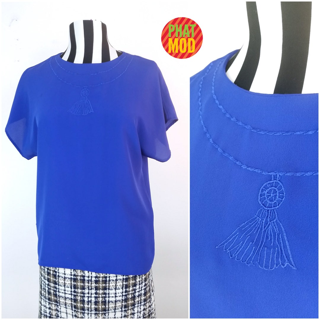 Perfect Basic Vintage 90s Blue Lightweight Blouse With Embroidered ...