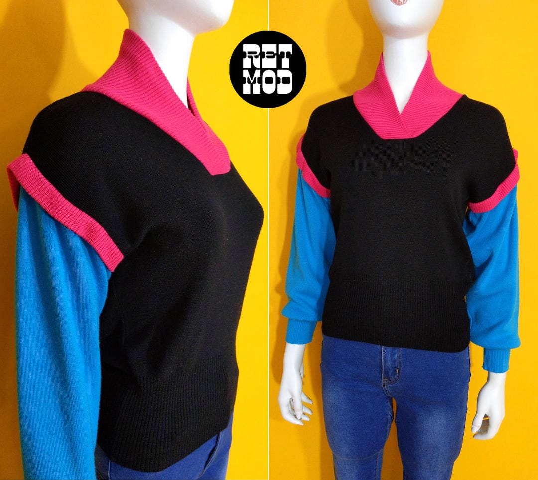 Unique Vintage 80s Black Pink Turquoise Color Block Statement Sweater ...