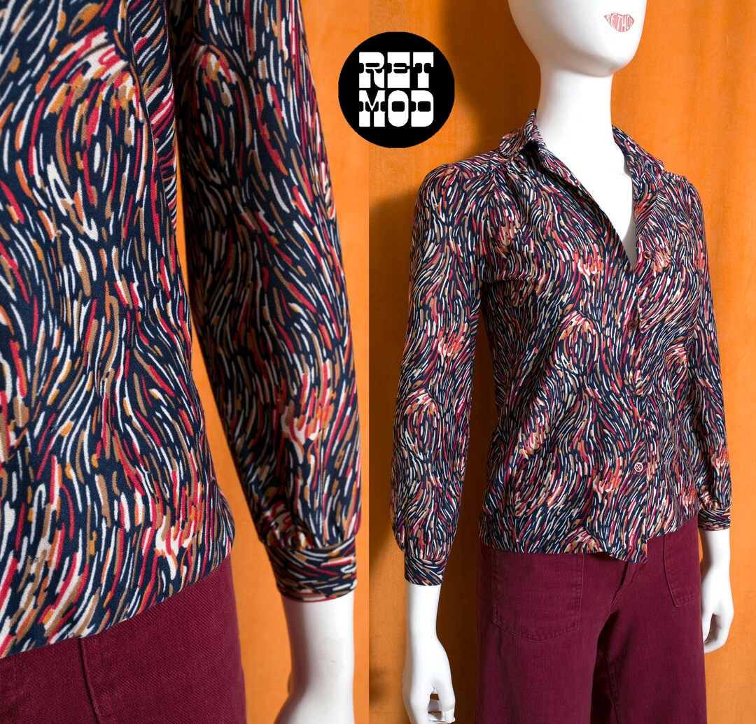 Vtg 70s Does 40s Navy Red Beige Squiggles Patterned Button Down Long ...