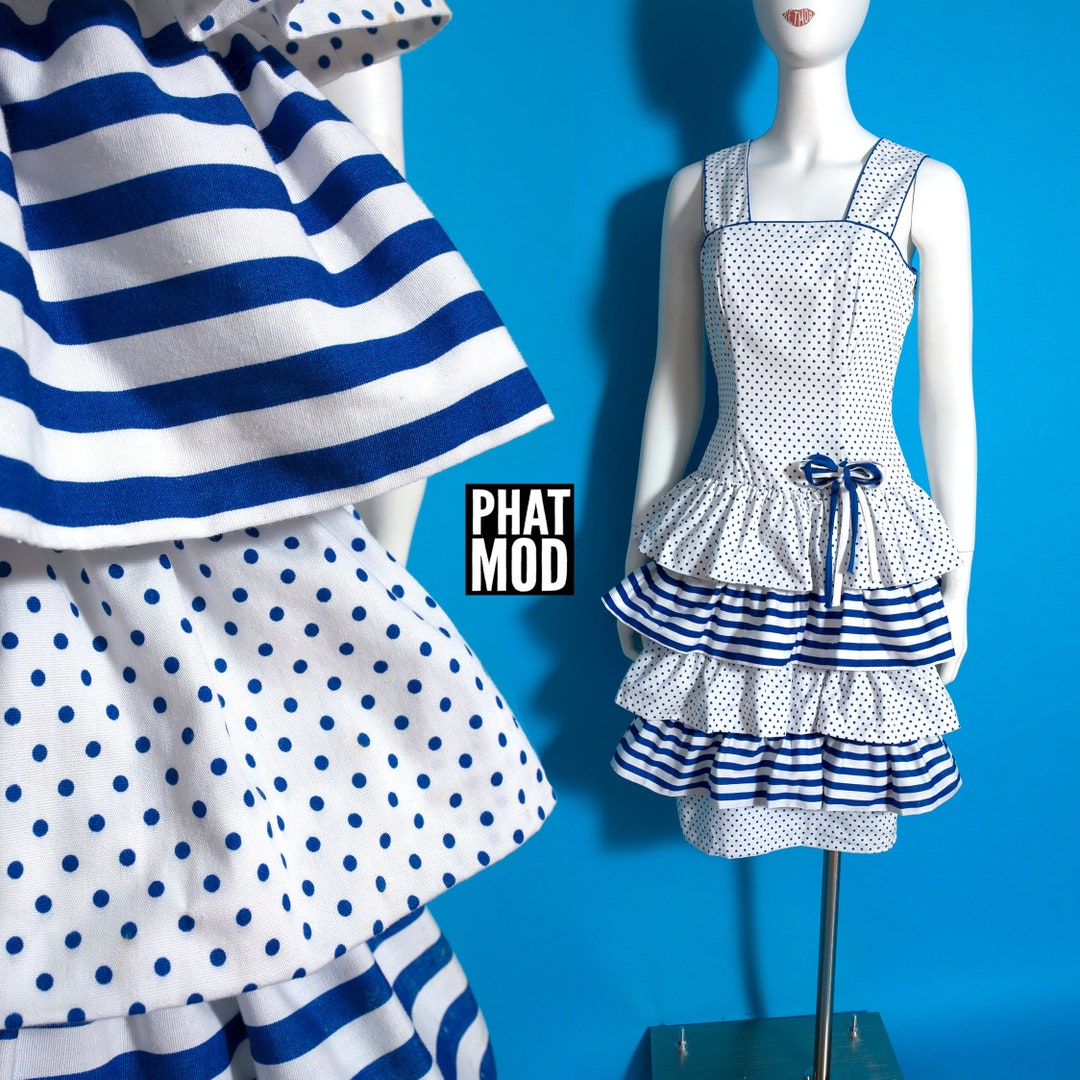 Super Sassy Vintage 80s Blue & White Polka Dot Stripe Tiered Ruffle ...