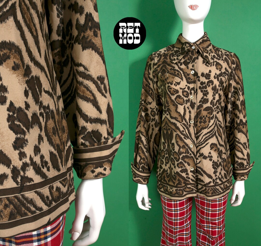 Killer Vintage 60s 70s Tiger Animal Print Border Print Collared Tunic ...