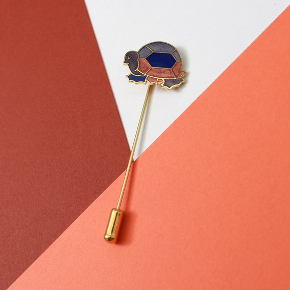 Adorable Vintage 70s 80s Cloissonne Turtle Hat Pin - Gem
