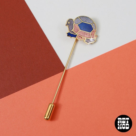 Adorable Vintage 70s 80s Cloissonne Turtle Hat Pin - Gem