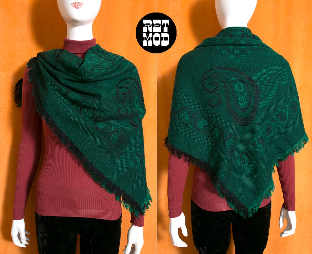 Chic Vintage 70s 80s Green Black Paisley Scarf Throw Wrap Thingy - Etsy