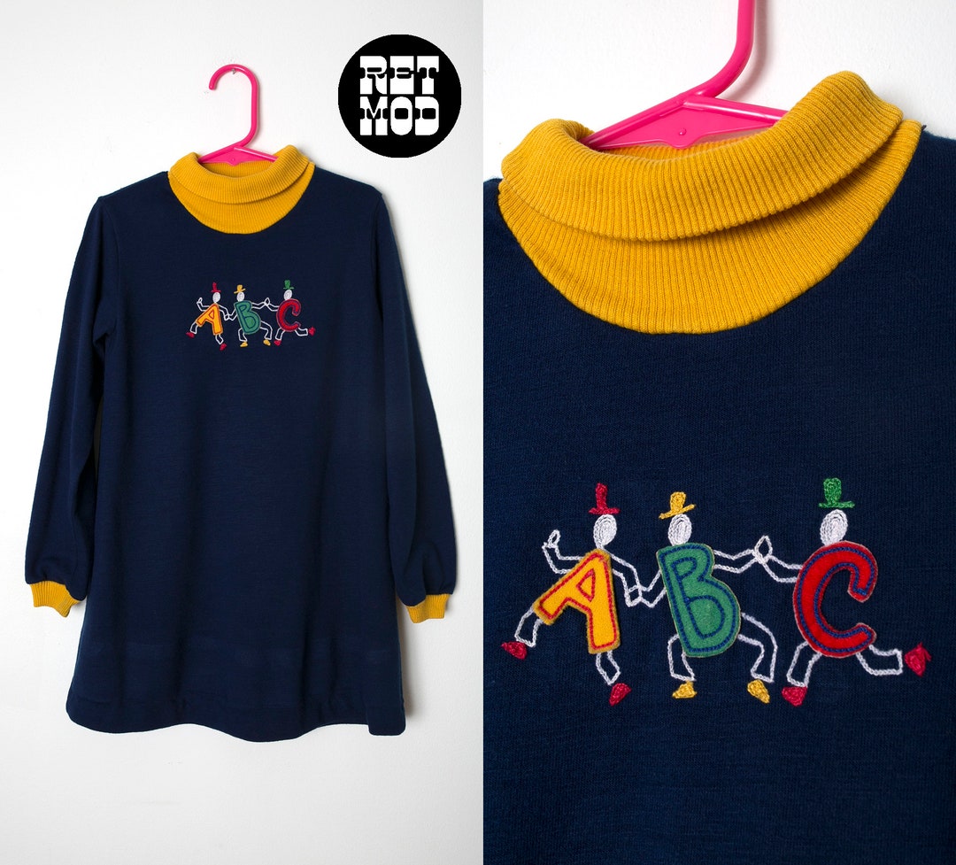 CHILD SIZE - Vintage 60s 70s Navy Blue ABC Alphabet Clowns Mod Shift ...