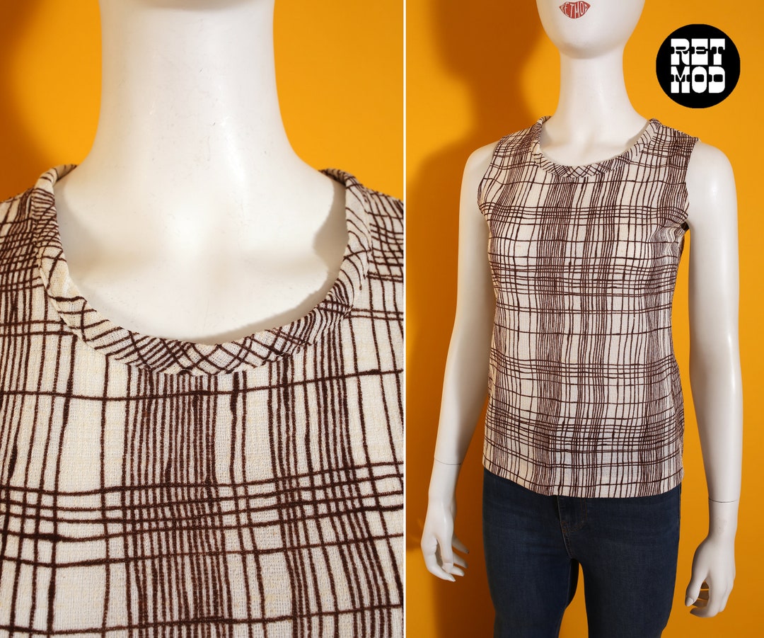 Cool Vintage 60s 70s Brown & Off-white Hatchmark Pattern Sleeveless Top ...
