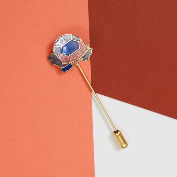 Adorable Vintage 70s 80s Cloissonne Turtle Hat Pin - Gem