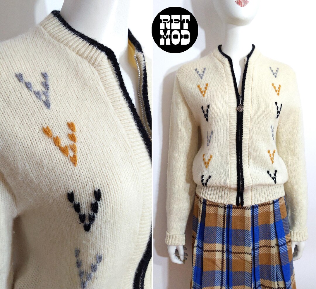 Preppy Vintage 50s 60s Off-white Zip Wool Cardigan With Arrow Design - Etsy