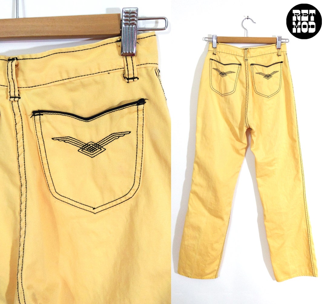 Retro Vintage 70s Light Yellow Pants With Bold Black Top Stitching - Etsy