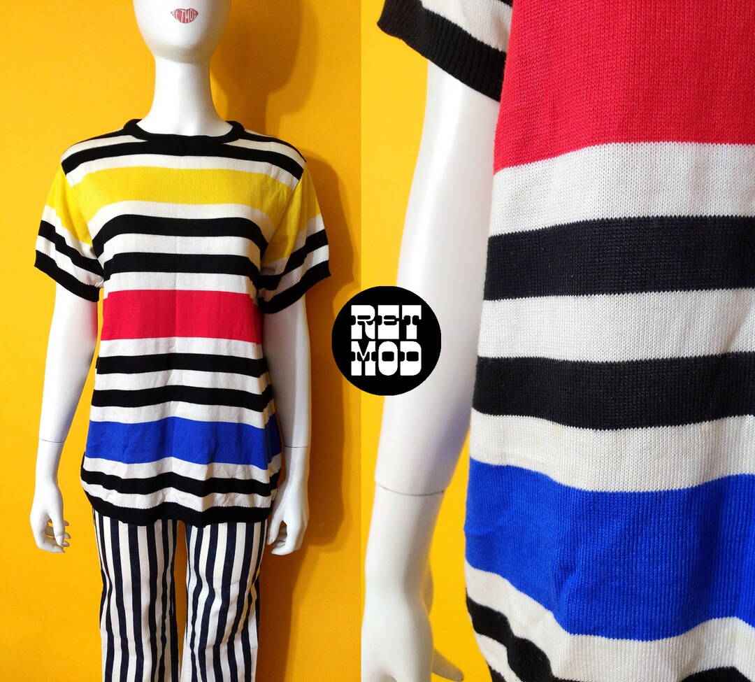 Fun Vintage 80s Primary Color Stripe Short Sleeve Sweater Top - Etsy