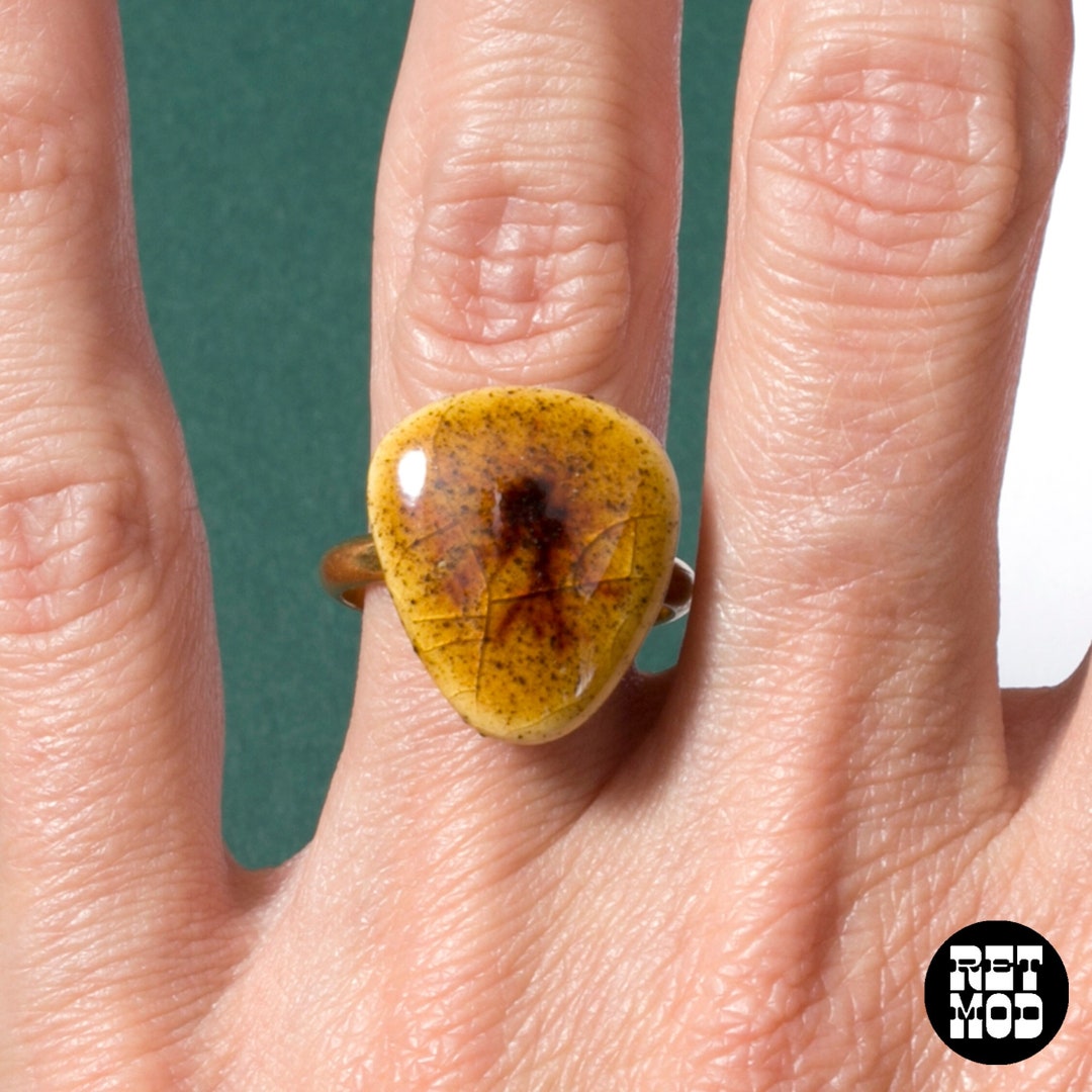 70s Honey Caramel Colored Ceramic Triangle Adjustable Ring With Crazing ...