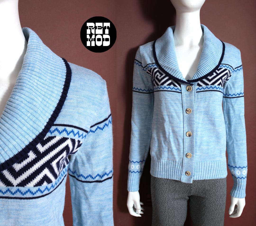 Sweet Vintage 70s Light Blue Space Dye Greek Key Cardigan Sweater - Etsy