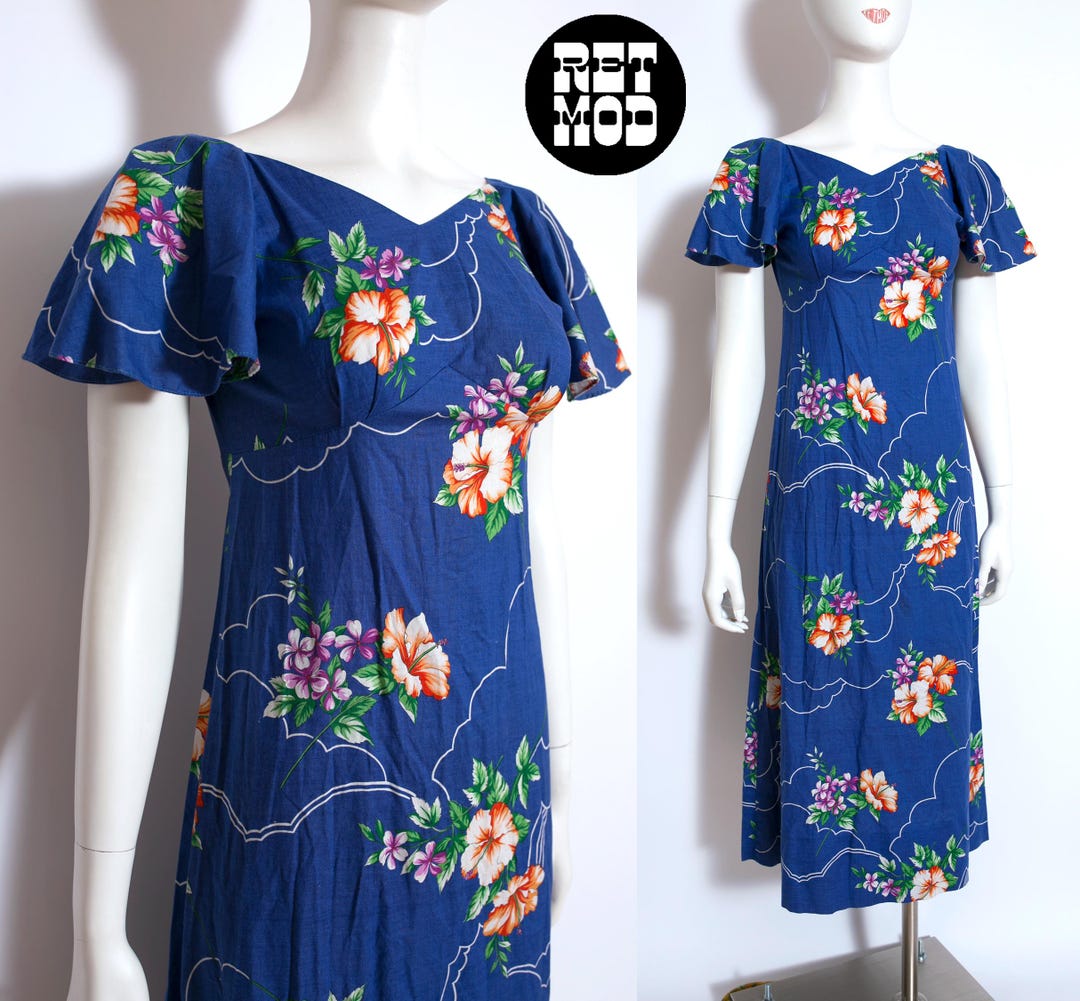 Lovely Vintage 70s Dark Blue Floral Clouds Hawaiian Polynesian Cotton ...