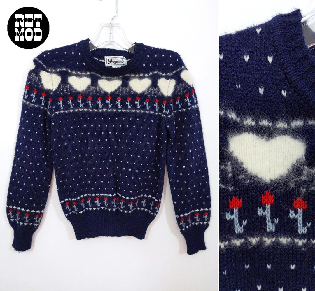 Cute Vintage 70s 80s Navy Blue Pullover Sweater With Fuzzy White Angora ...