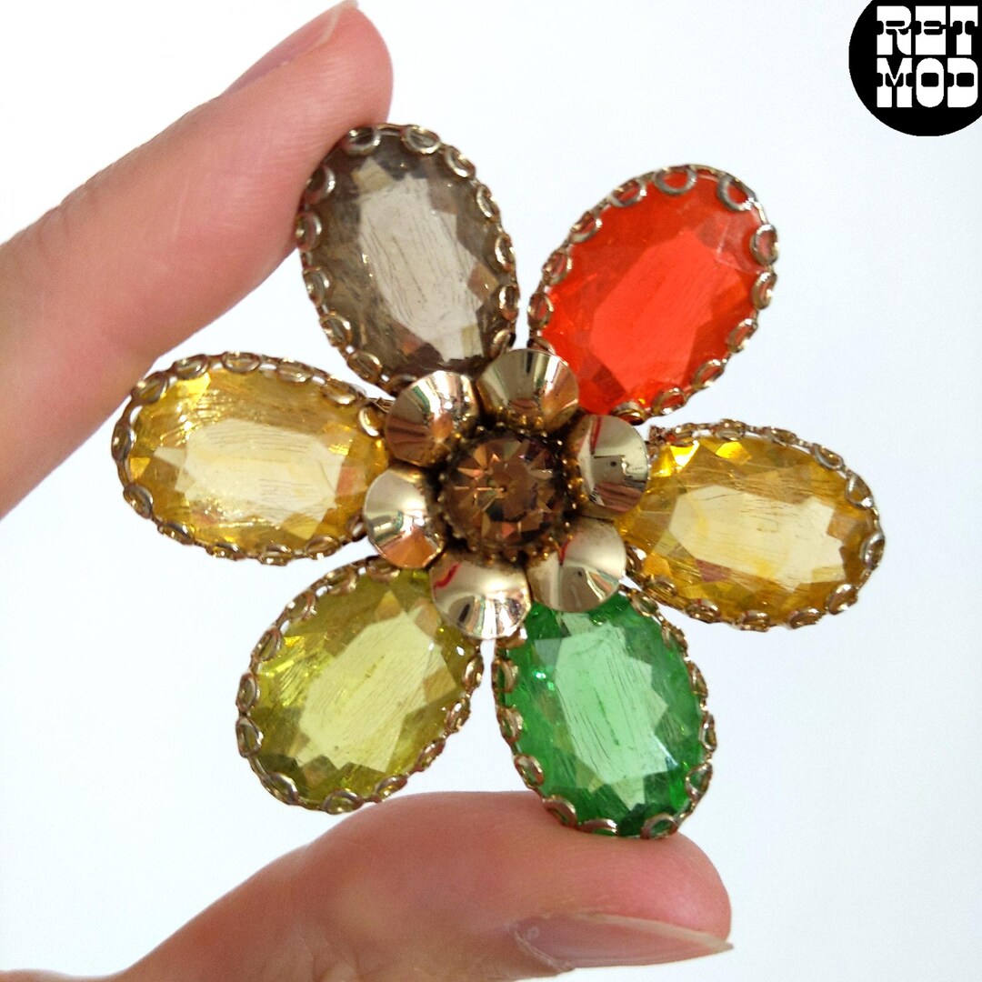Beautiful Vintage 70s Fall Colors Rhinestone Flower Brooch - Etsy