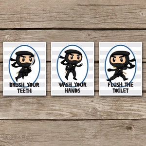 Printable Ninja Set of 3 Wall Art Prints, Kids Bathroom Decor, Childens ...
