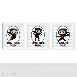 Printable Ninja Set of 3 Wall Art Prints, Kids Bathroom Decor, Childens ...