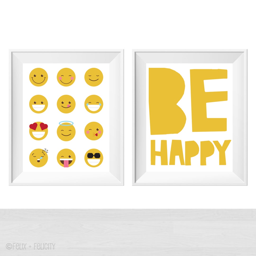 Printable Be Happy Emoji Wall Art, Smiley Face Home Decor, Preppy Kids ...