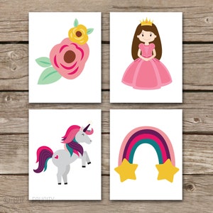 Printable Unicorn and Princess Wall Art, Girl Room Unicorns Theme Decor ...