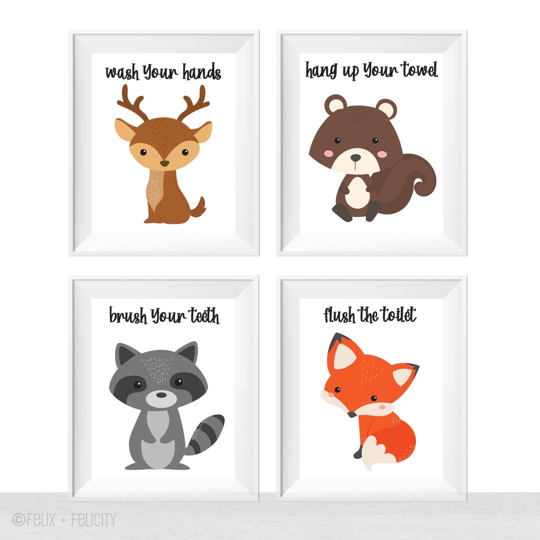 Printable Forest Animals Kids Theme Bathroom Wall Art, Wash Brush Flush ...