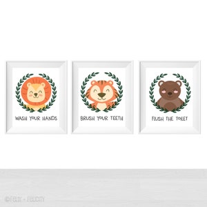 Printable Jungle Animals Kids Theme Bathroom Wall Art, Wash Brush Flush ...