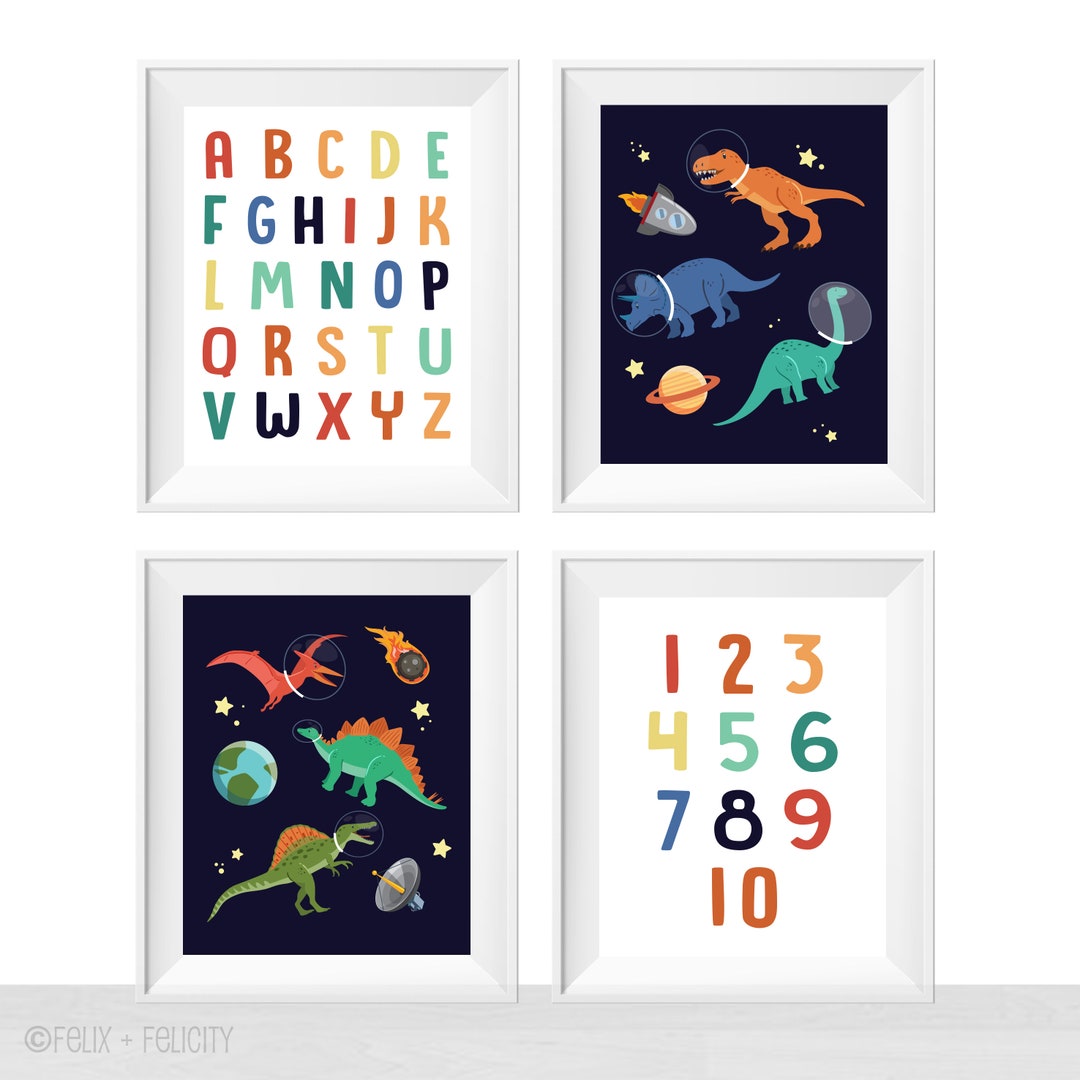 Printable Dinosaurs in Space Theme Children's Room Wall Art Prints ...
