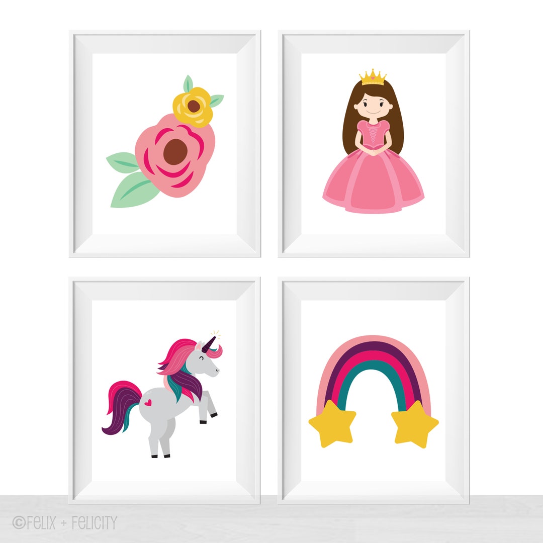 Printable Unicorn and Princess Wall Art, Girl Room Unicorns Theme Decor ...
