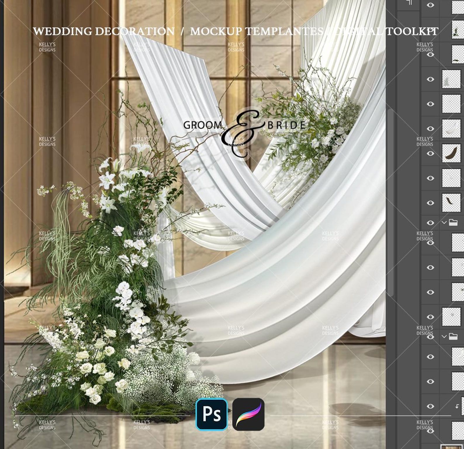 Floral Wedding Drapes Template, Fabric Curtain Illustration (digital ...