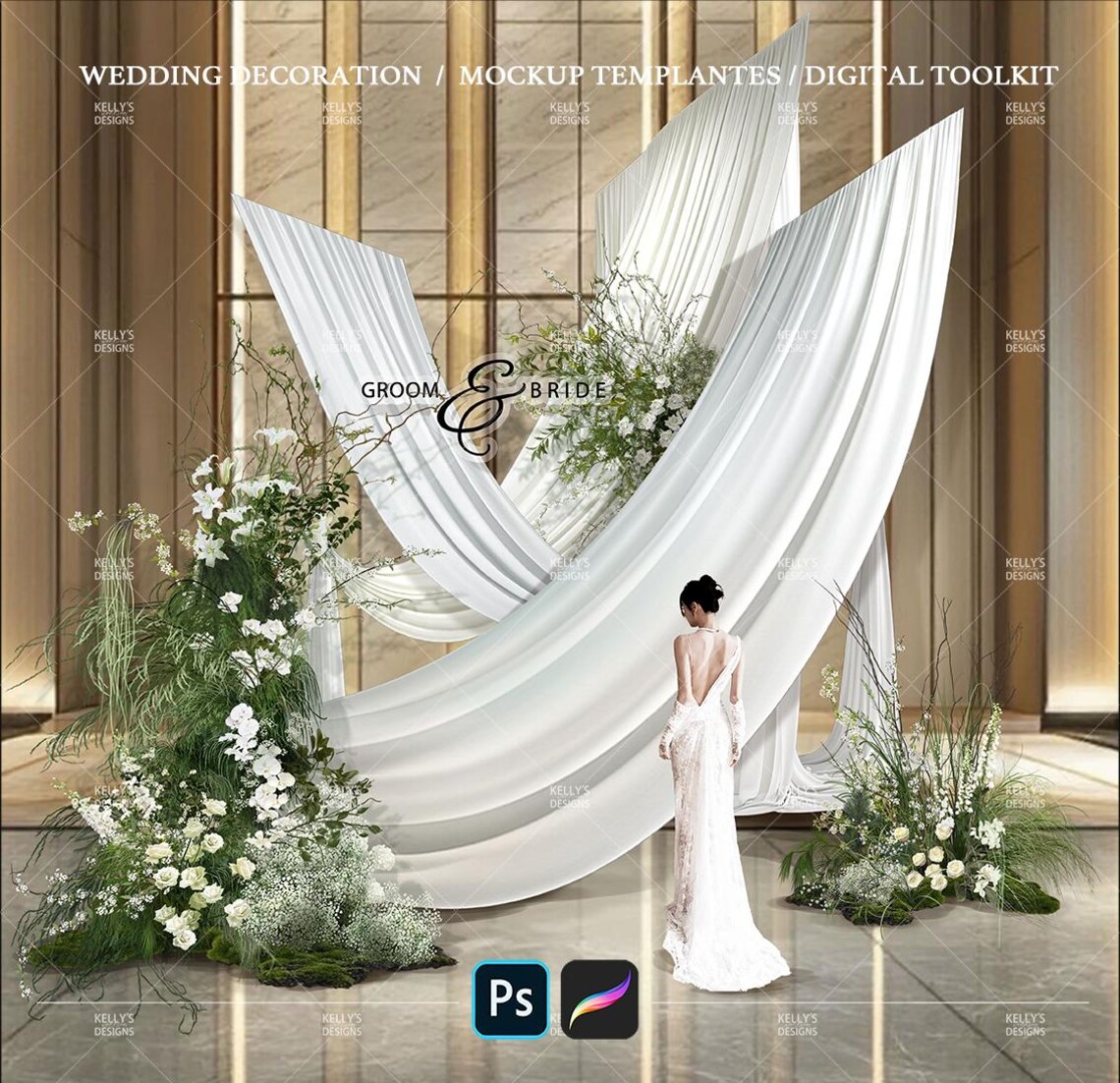Floral Wedding Drapes Template, Fabric Curtain Illustration (digital ...