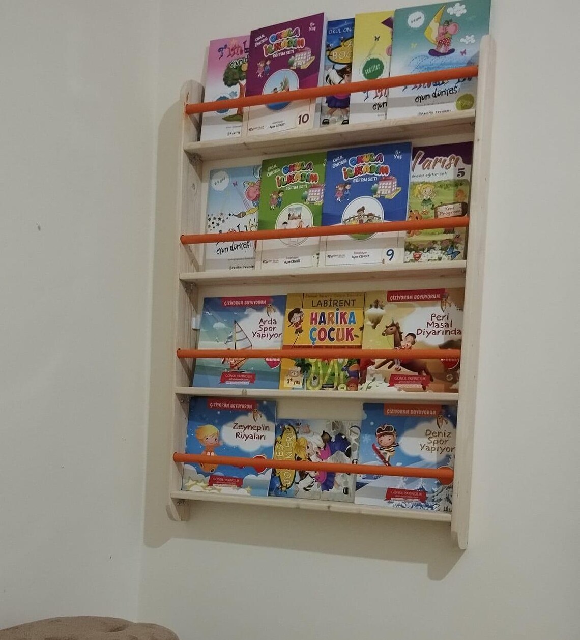 Orange Color Round Slat Montessori Bookcase, Children's Room Bookshelf ...