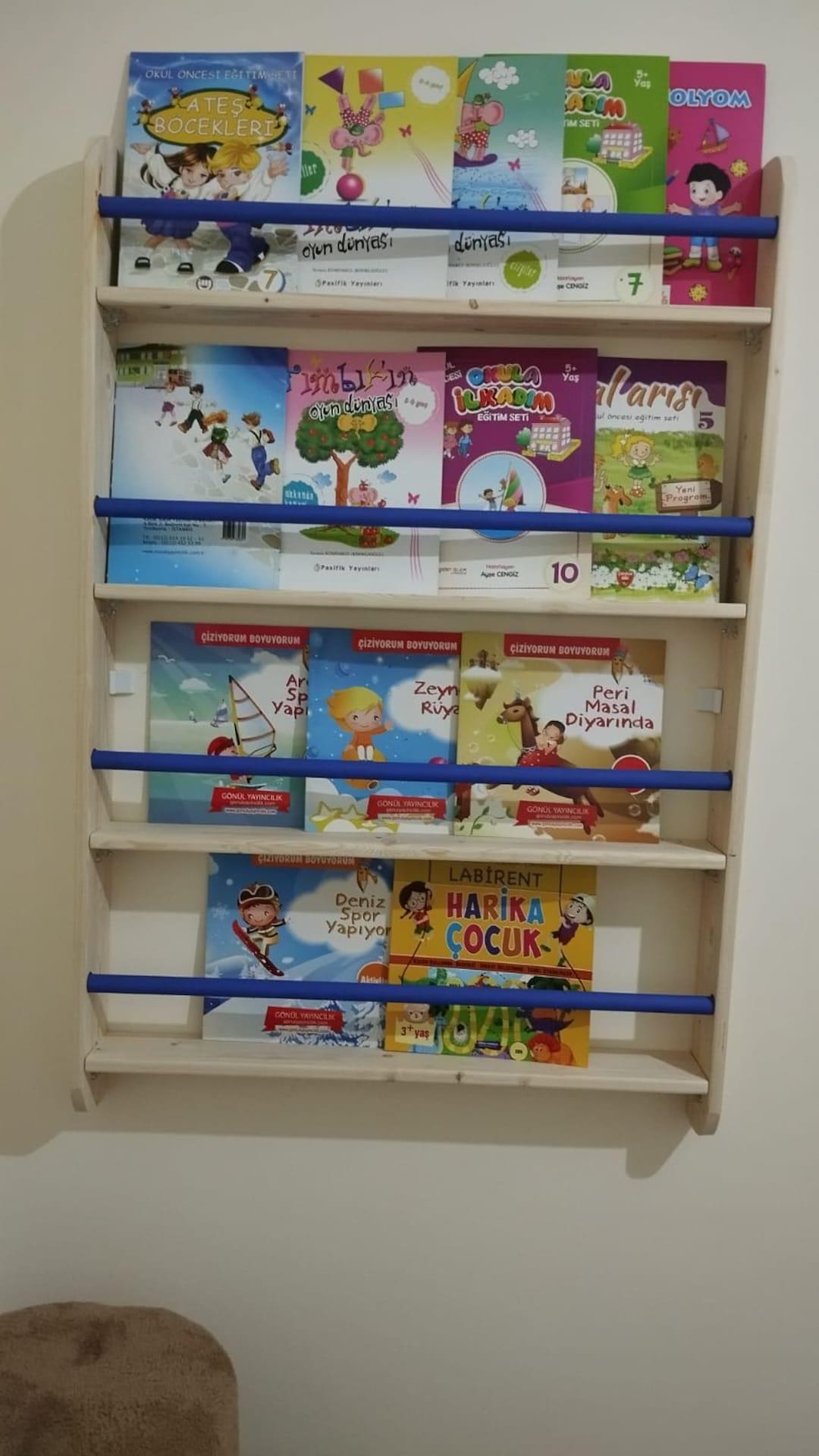 Blue Color Round Slat Montessori Bookcase, Children's Room Bookshelf ...