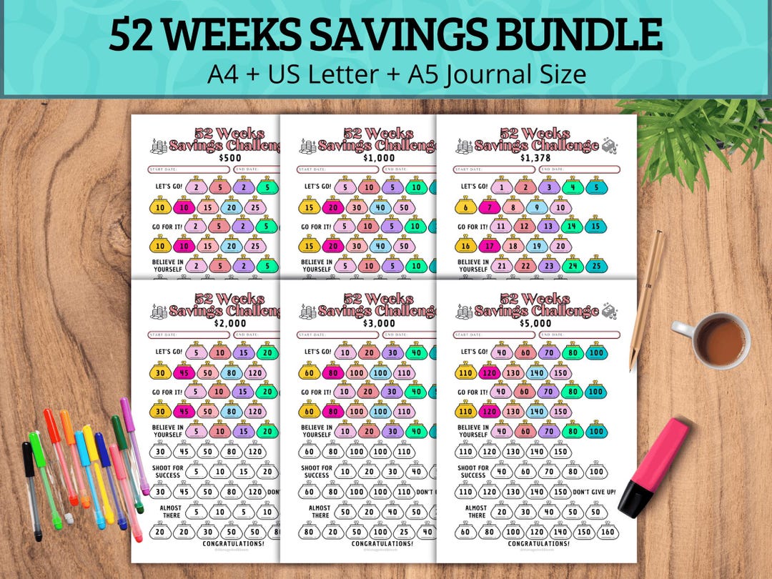52-week Savings Challenge Bundle: Multiple Tiers, Cute Wallets, Cash ...