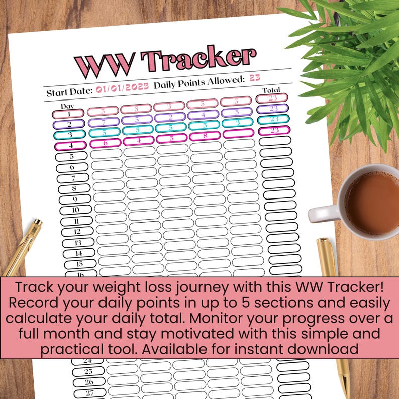 Monthly WW Points Tracker: Printable Daily Weight Loss Journal for ...