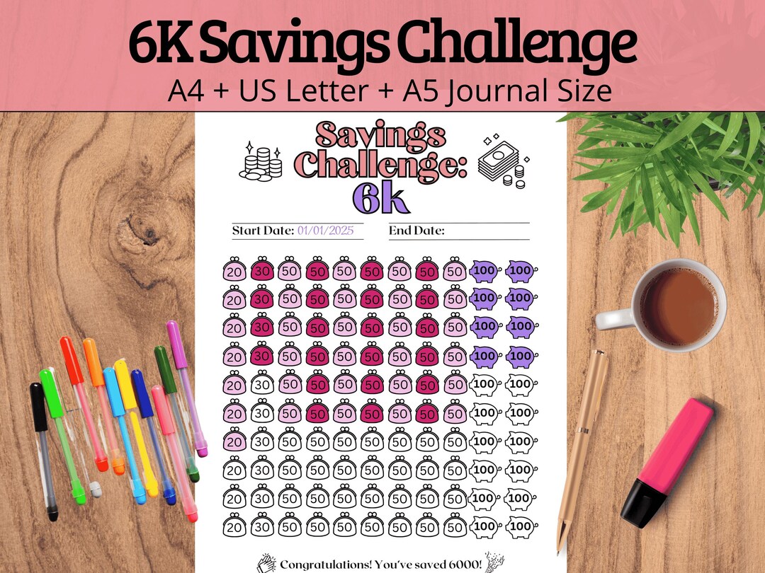 6k Savings Challenge Printable: Track and Achieve 6,000 Goal, Color ...