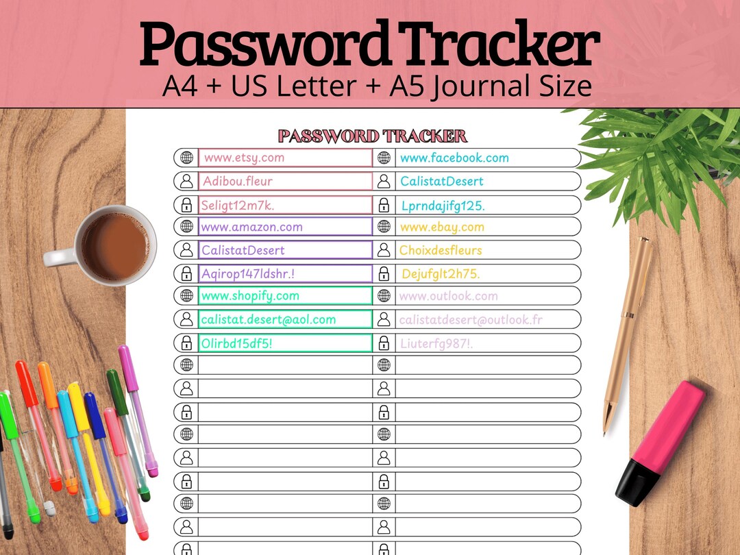 Printable Password Keeper: Digital Organizer, Instant Download Log Book ...