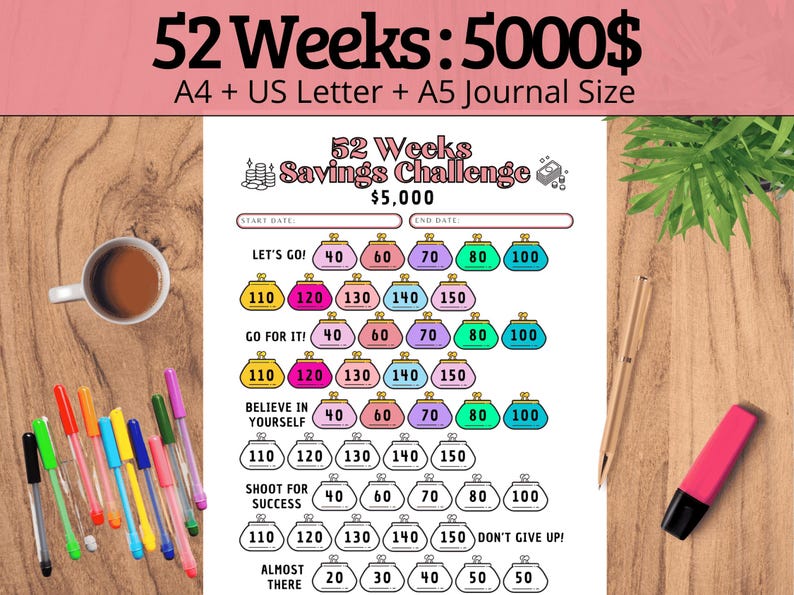 52-week Savings Challenge: 5000 Goal - Digital Coloring Money Box for ...