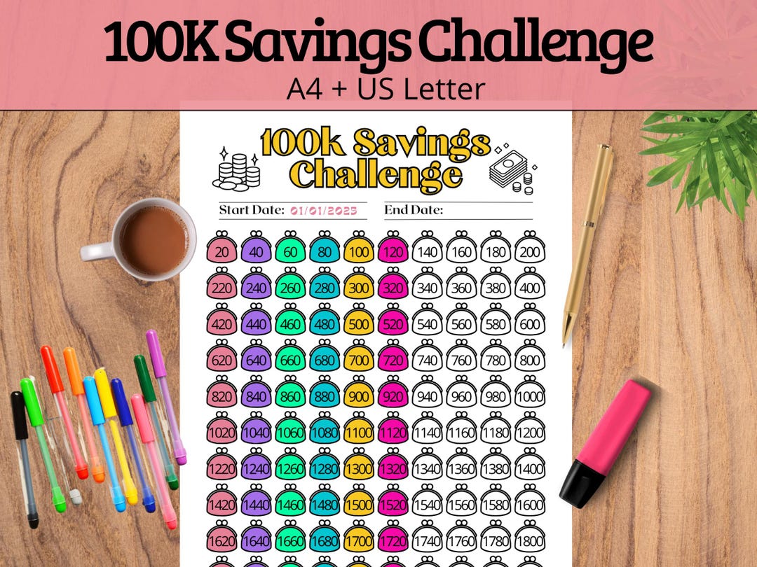 100k Savings Challenge: Colorable Digital Wallet Tracker & Printable ...