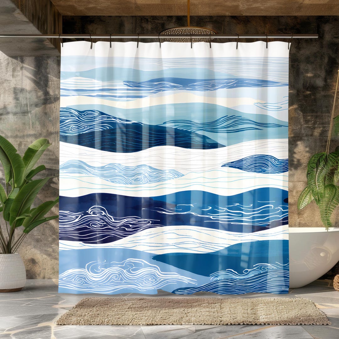 Abstract Ocean Waves Shower Curtain Blue Watercolor Beach Design ...