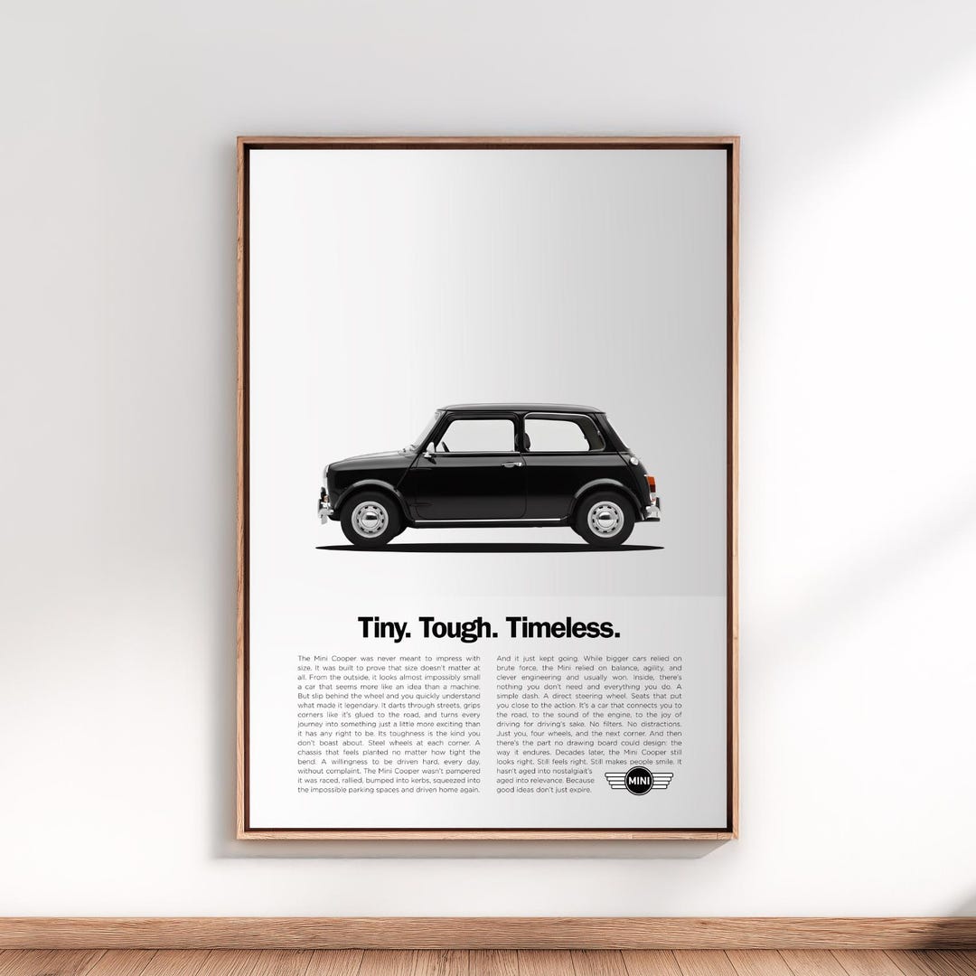 Retro Classic Mini Cooper Advert Poster, Tiny Tough Timeless, Old ...