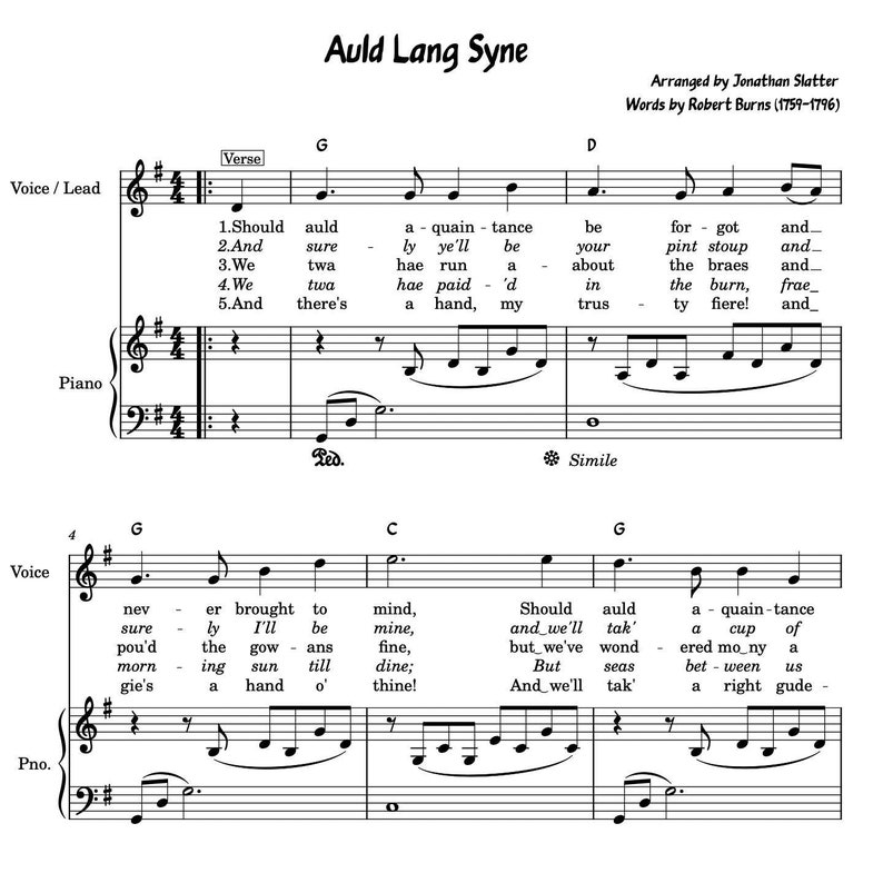 Auld Lang Syne - Sheet Music for Piano and Voice or Lead. Immediate PDF ...