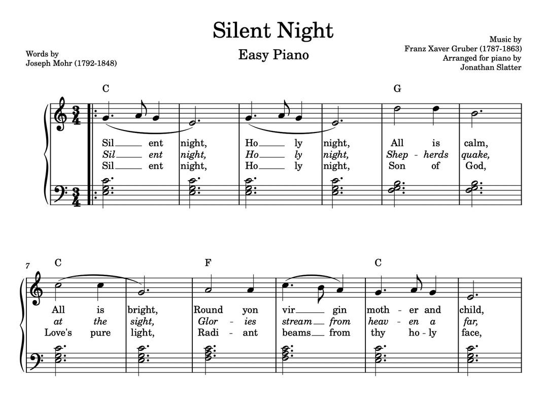 Silent Night Easy Piano Sheet Music for Beginners | Christmas Carol ...