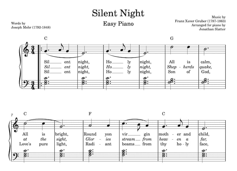 Silent Night Easy Piano Sheet Music for Beginners | Christmas Carol ...