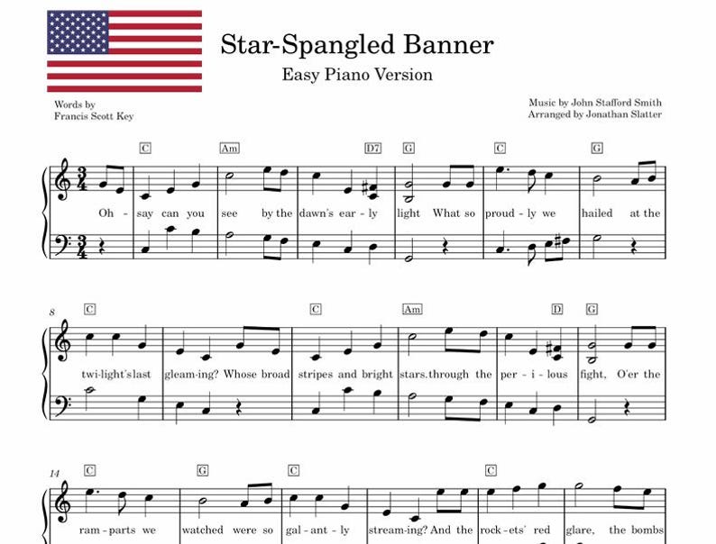 Star-spangled Banner Easy Piano Sheet Music & Vocal Score, United ...