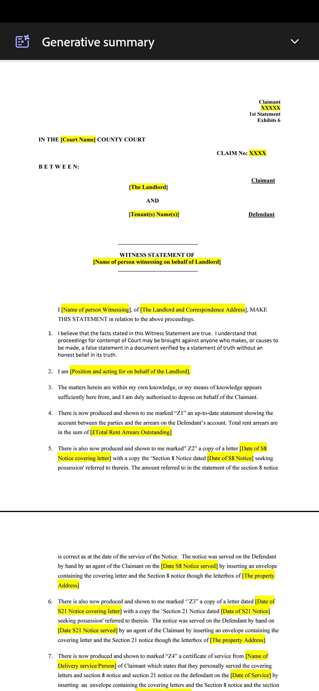 5 X Templates: Landlord Witness Statement for Court Bundle, Warrant for ...
