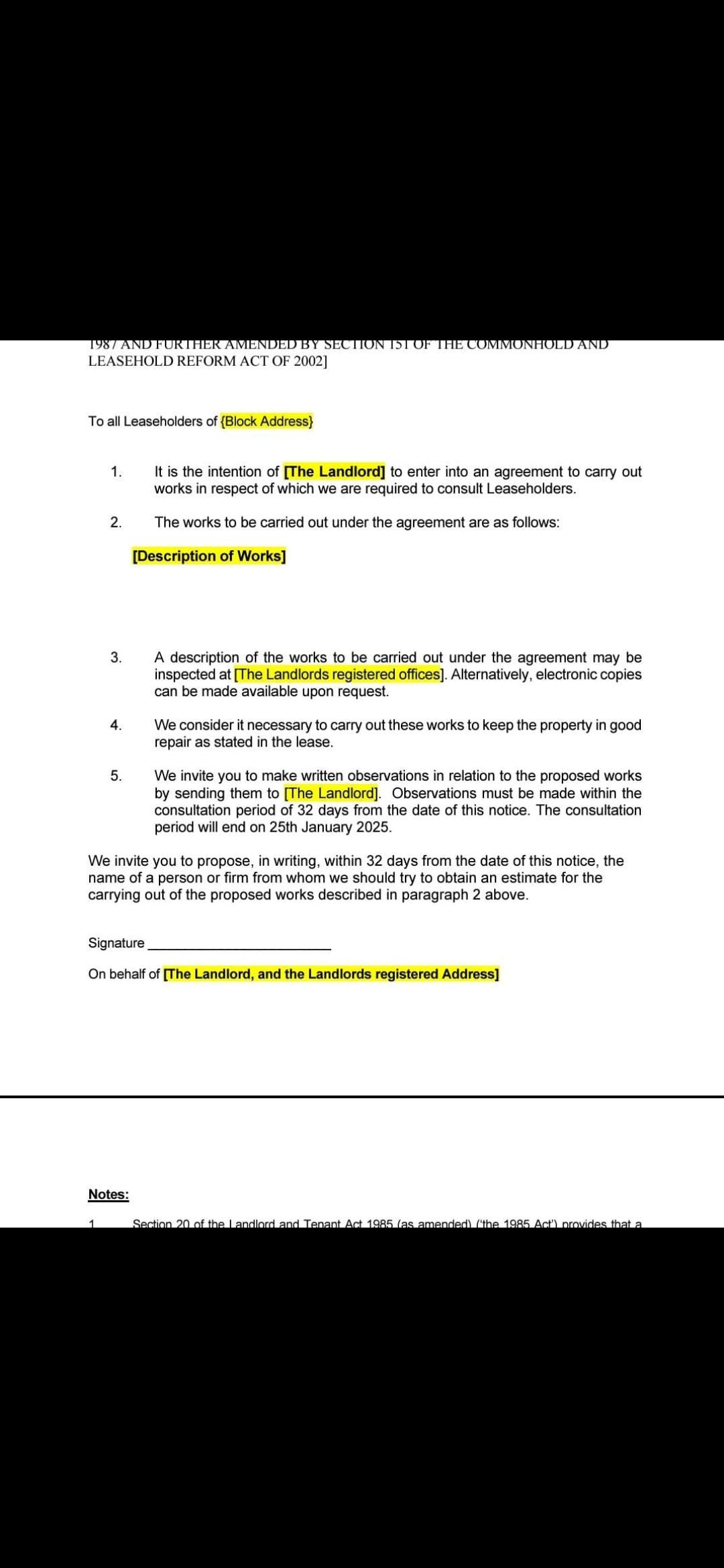 Landlord Templates, Notice of Intended Works Served to Leaseholders ...