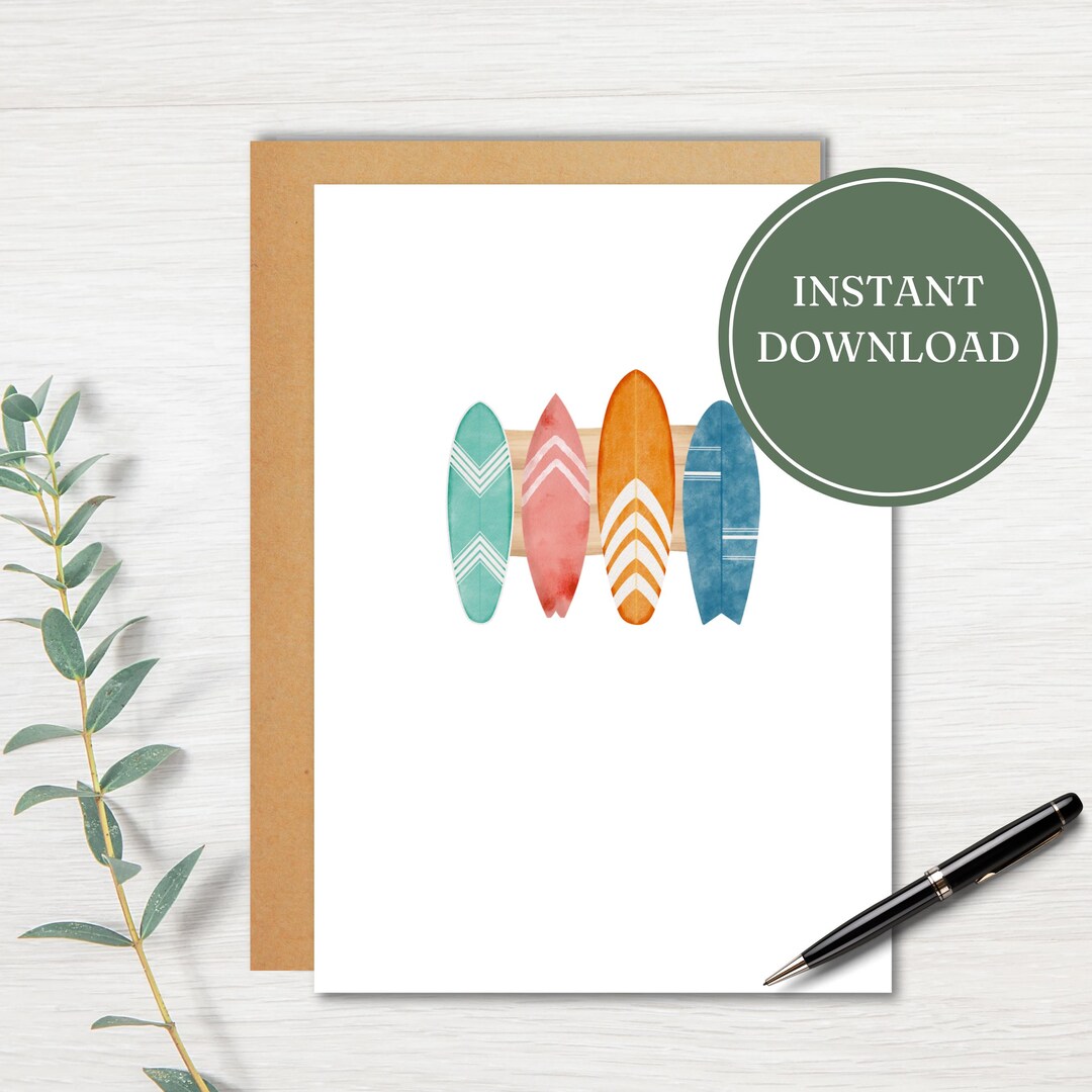 Surfboard Greeting Card, Digital Download, Surfing Art, Hawaii Print ...