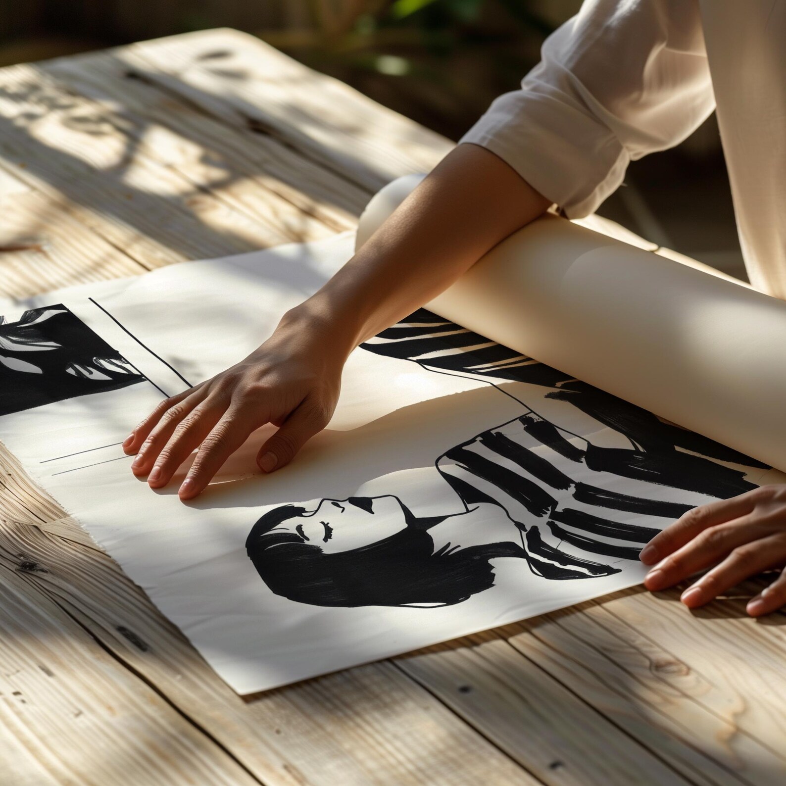 Minimalist Black and White Woman Print, Modern Striped Art, Serene ...