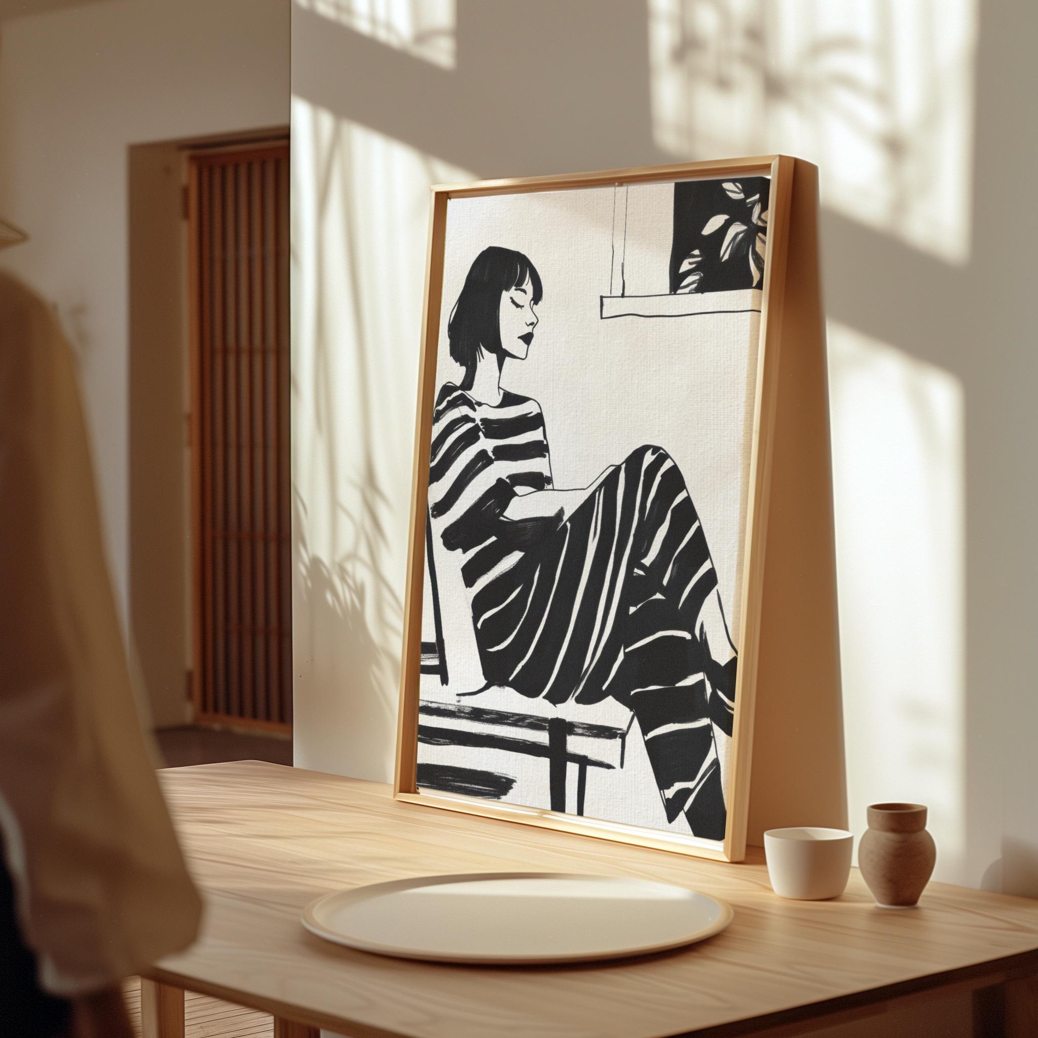 Minimalist Black and White Woman Print, Modern Striped Art, Serene ...