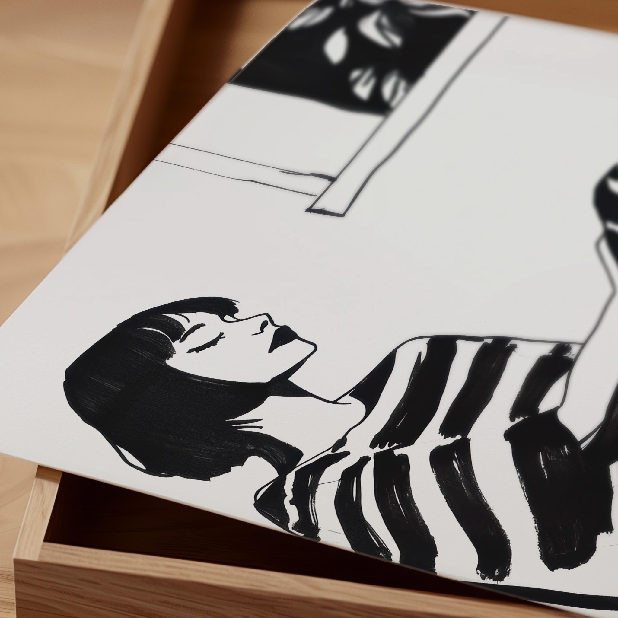 Minimalist Black and White Woman Print, Modern Striped Art, Serene ...