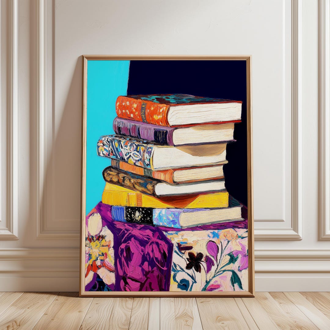 Colorful Vintage-inspired Book Stack Illustration, Cozy Literary Art ...